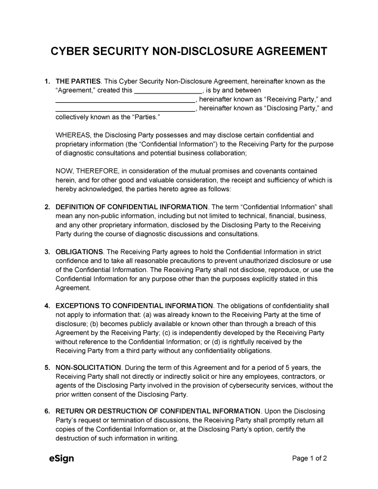 Free Cyber Security Non-Disclosure Agreement (NDA) | PDF | Word