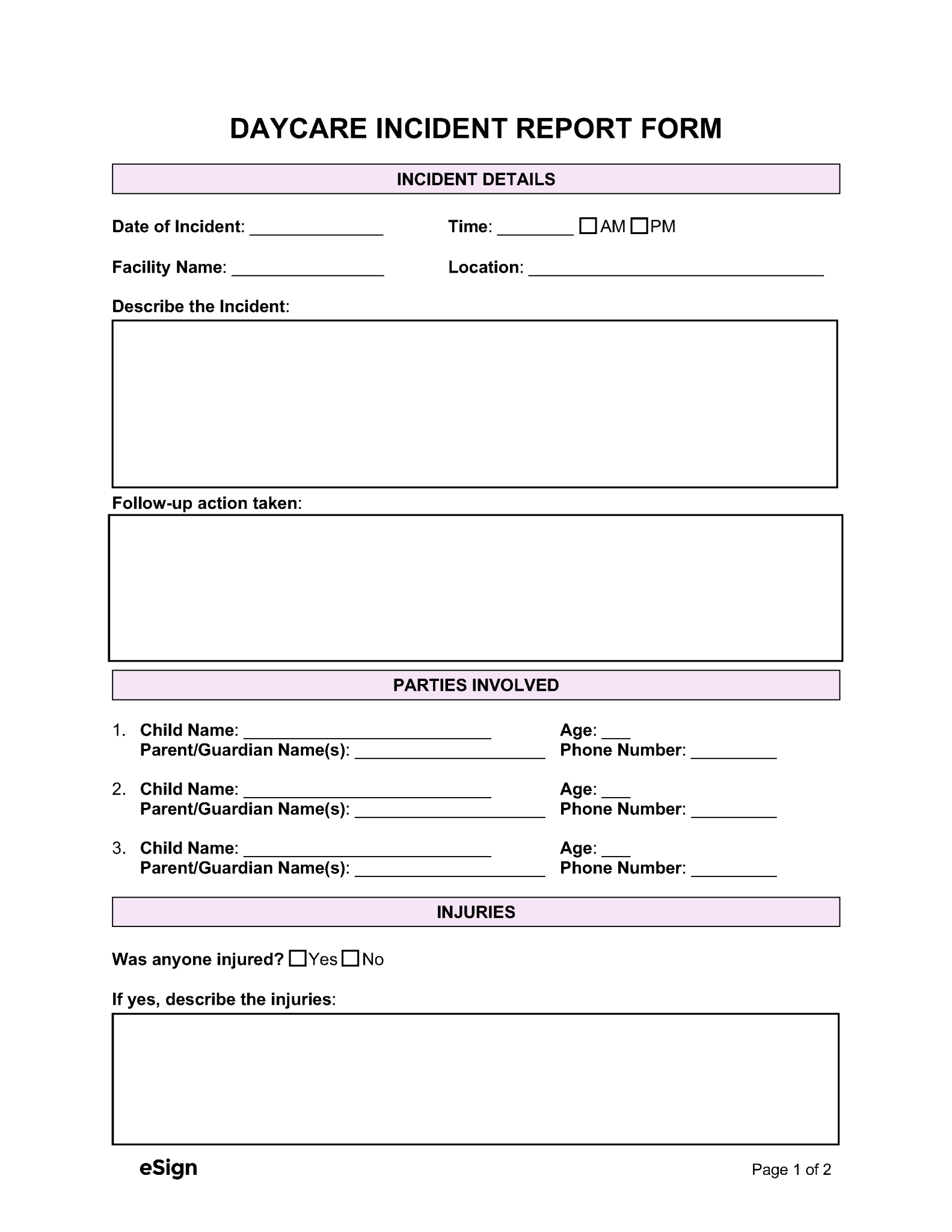 Free Daycare Incident Report Form | PDF | Word