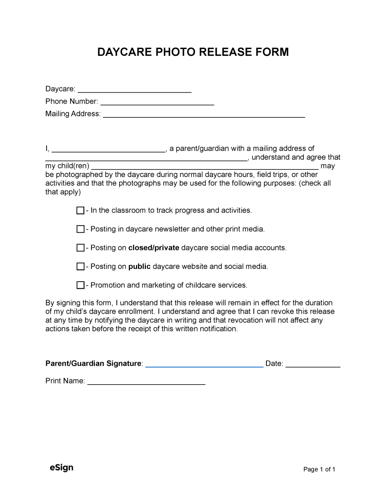 Free Daycare Photo Release Form | PDF | Word