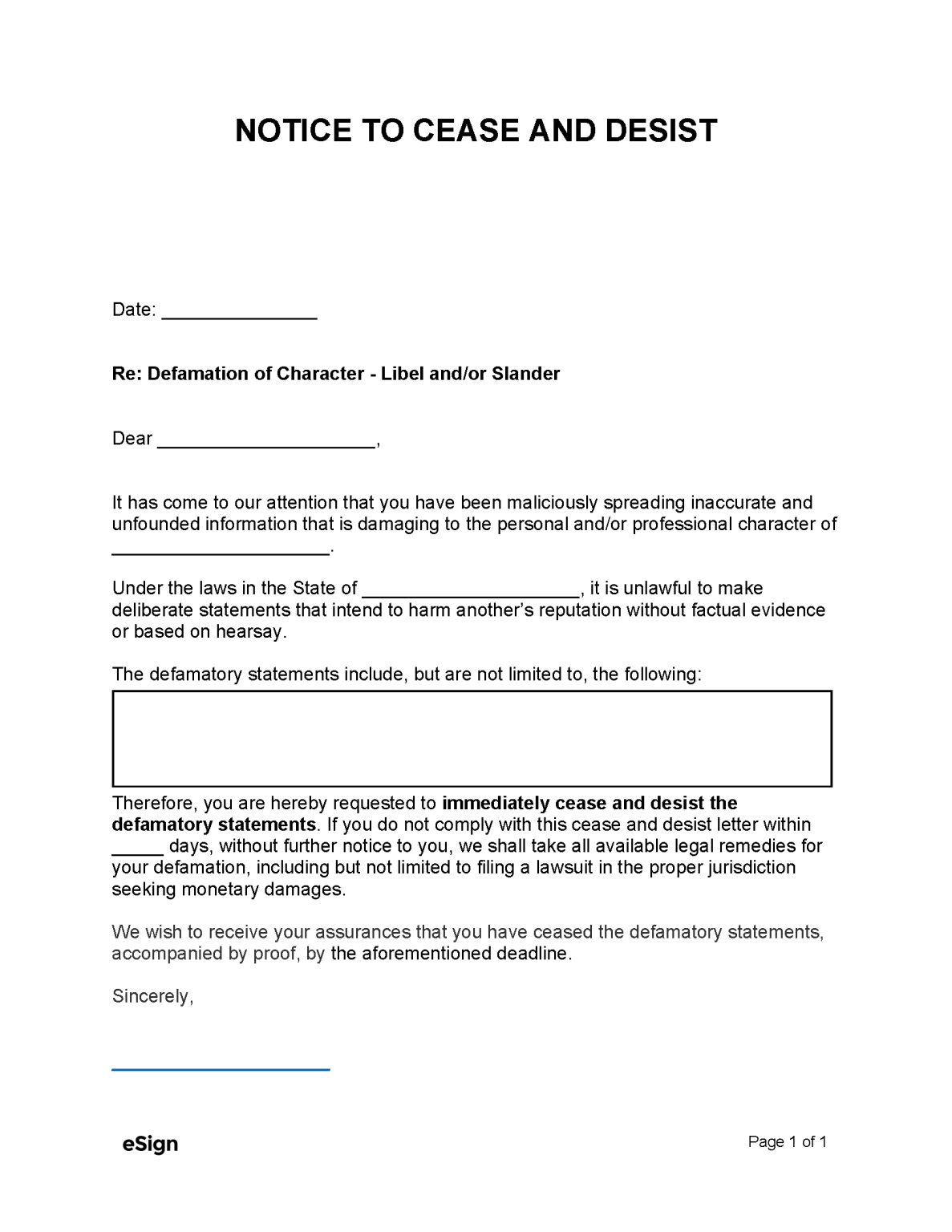 Free Defamation (Slander) Cease and Desist Letter Template | PDF | Word