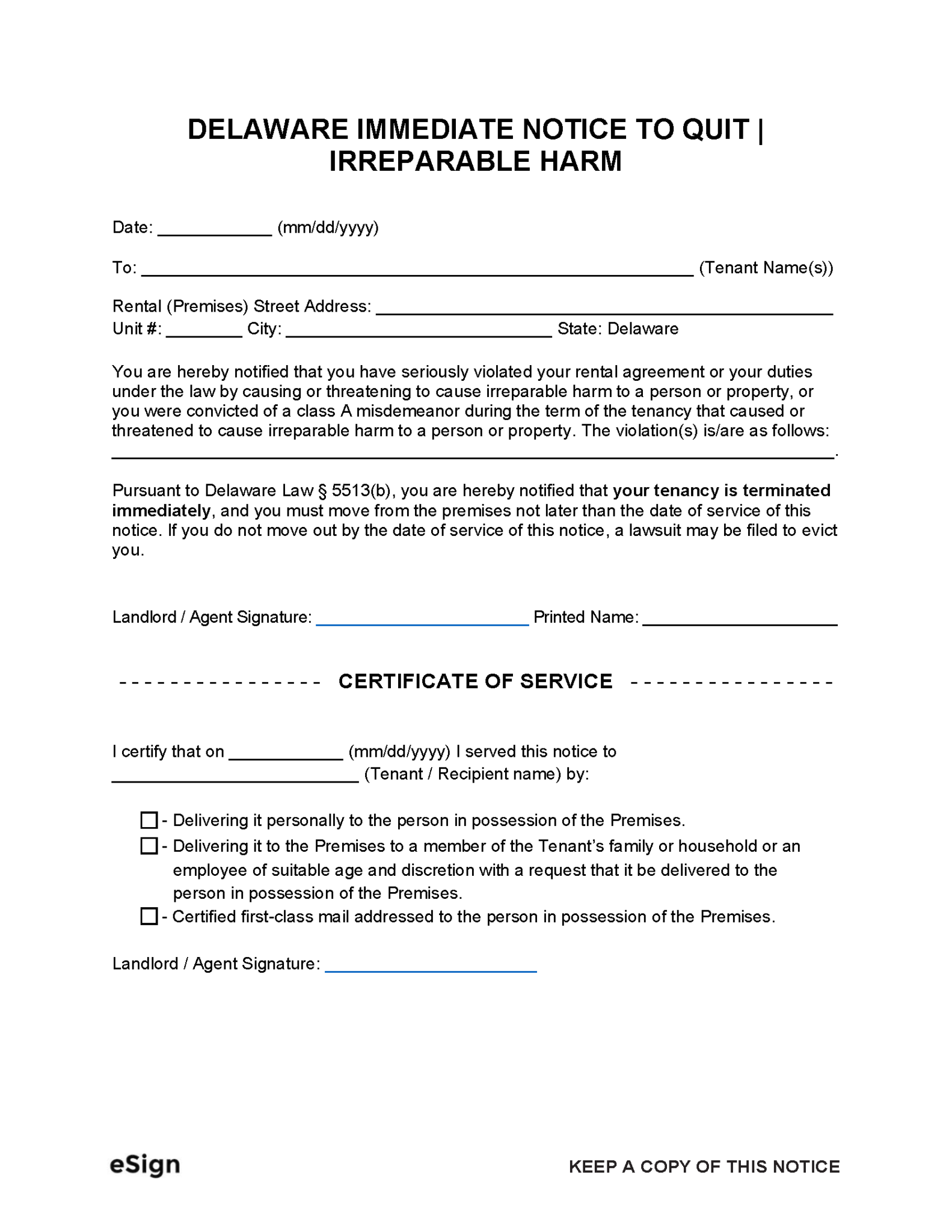 Free Delaware Immediate Notice to Quit | Irreparable Harm | PDF | Word
