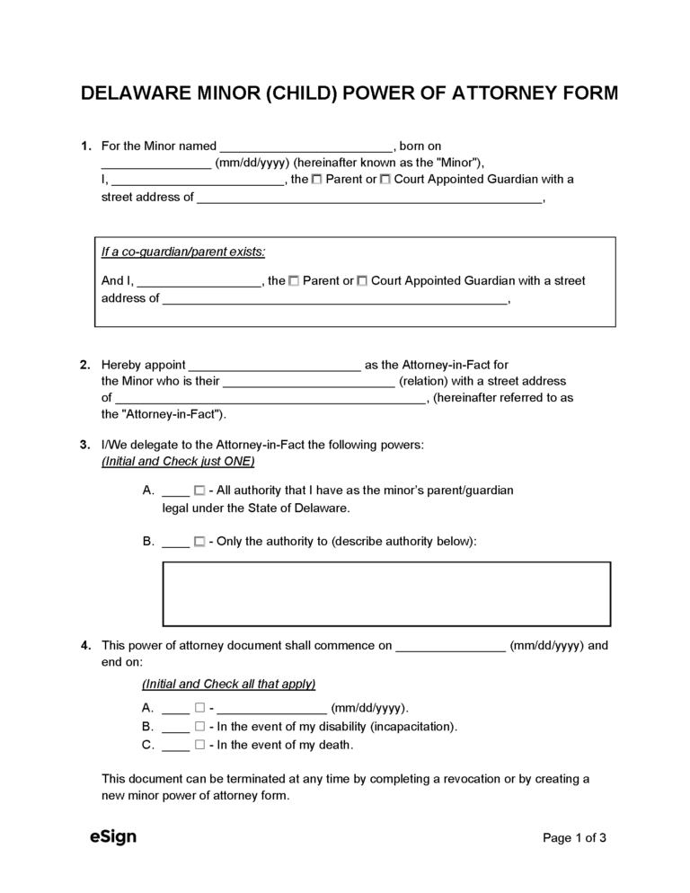 Free Delaware Minor (Child) Power of Attorney Form | PDF | Word