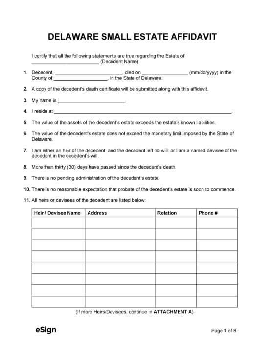 Free Delaware Small Estate Affidavit Form | PDF | Word