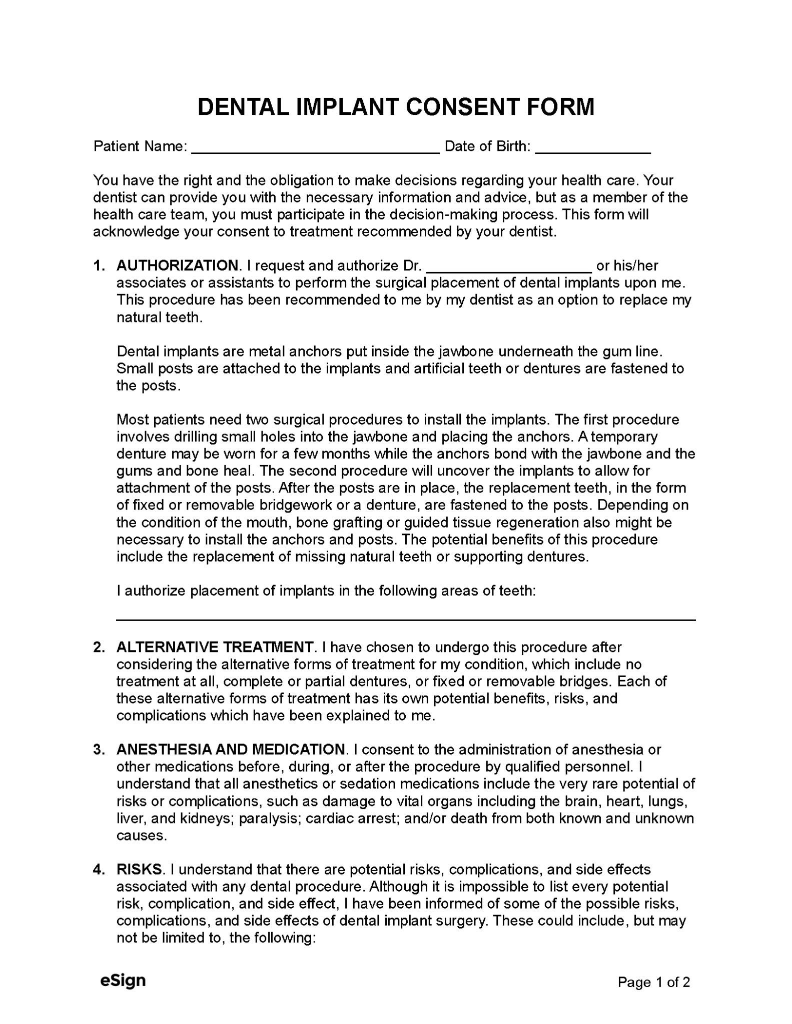 Free Dental Implant Consent Form | PDF | Word