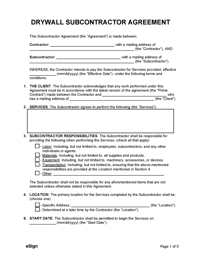 Free Drywall Subcontractor Agreement Template | PDF | Word
