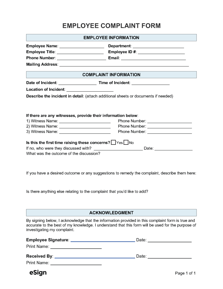 Free Employee Complaint Form | PDF | Word