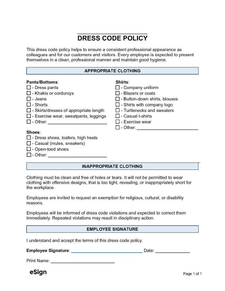 Free Dress Code Policy Form | PDF | Word