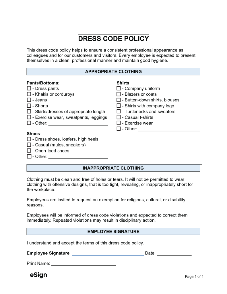 Free Dress Code Policy Form | PDF | Word