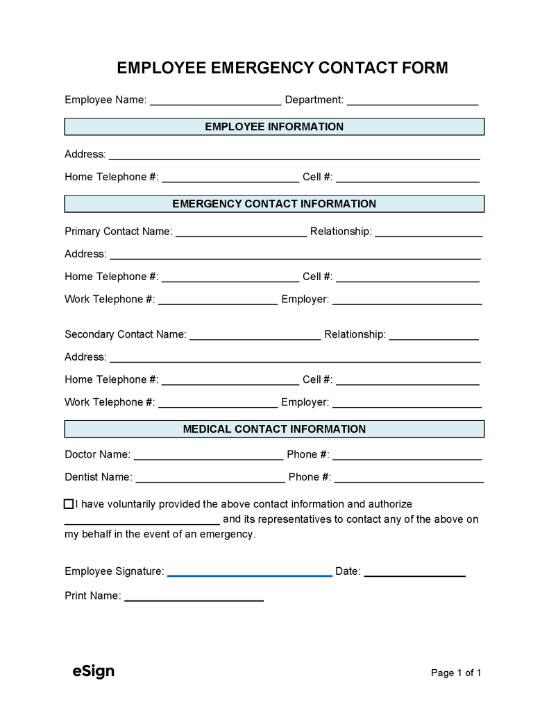 Free Employee Emergency Contact Form | PDF | Word