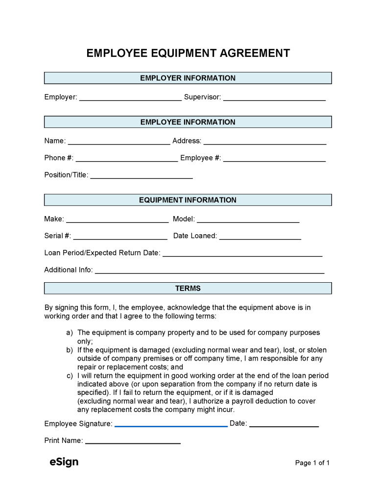 Free Employee Equipment Agreement Form | PDF | Word