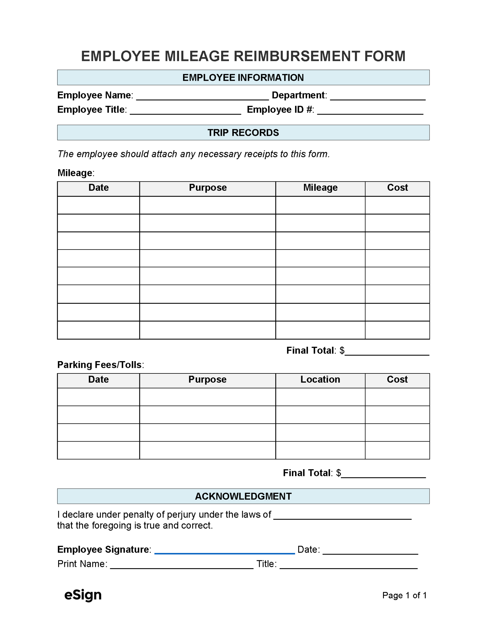 Free Mileage Reimbursement Form | PDF | Word