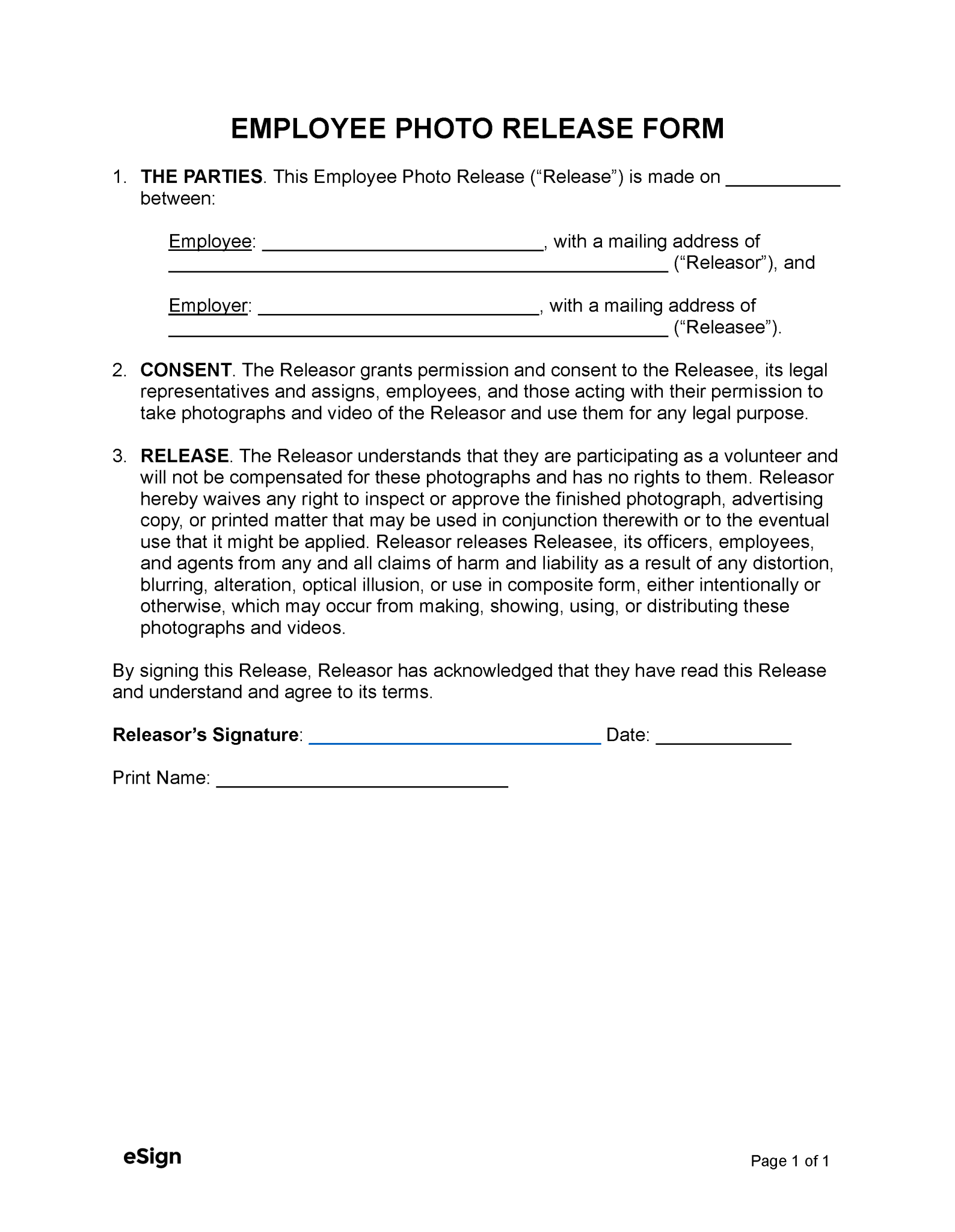 Free Employee Photo Release Form | PDF | Word