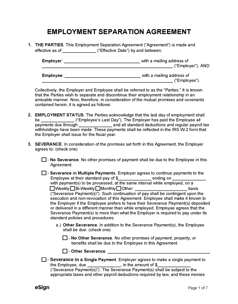 Free Employment Separation (Severance) Agreement | PDF | Word