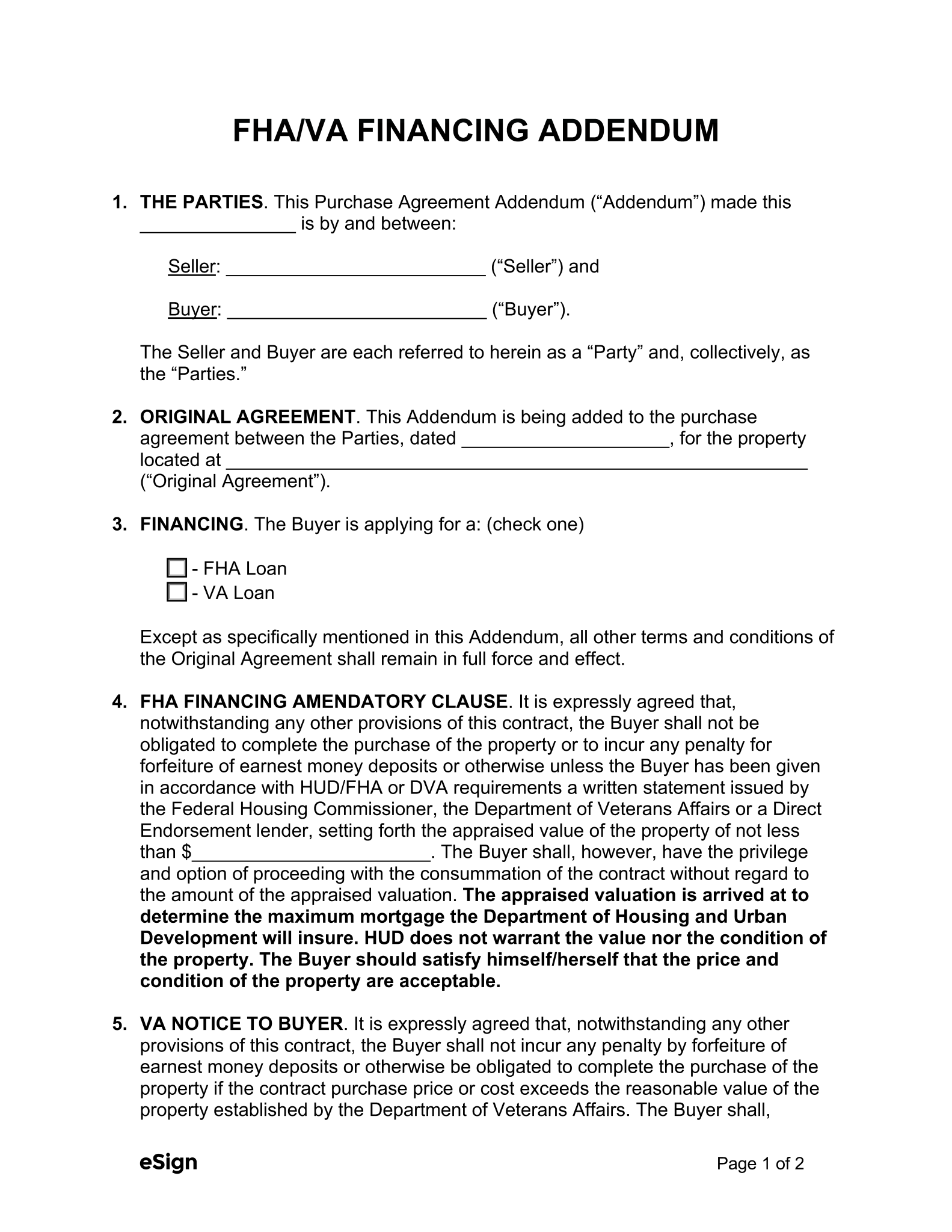 Free FHA/VA Financing Addendum | PDF | Word