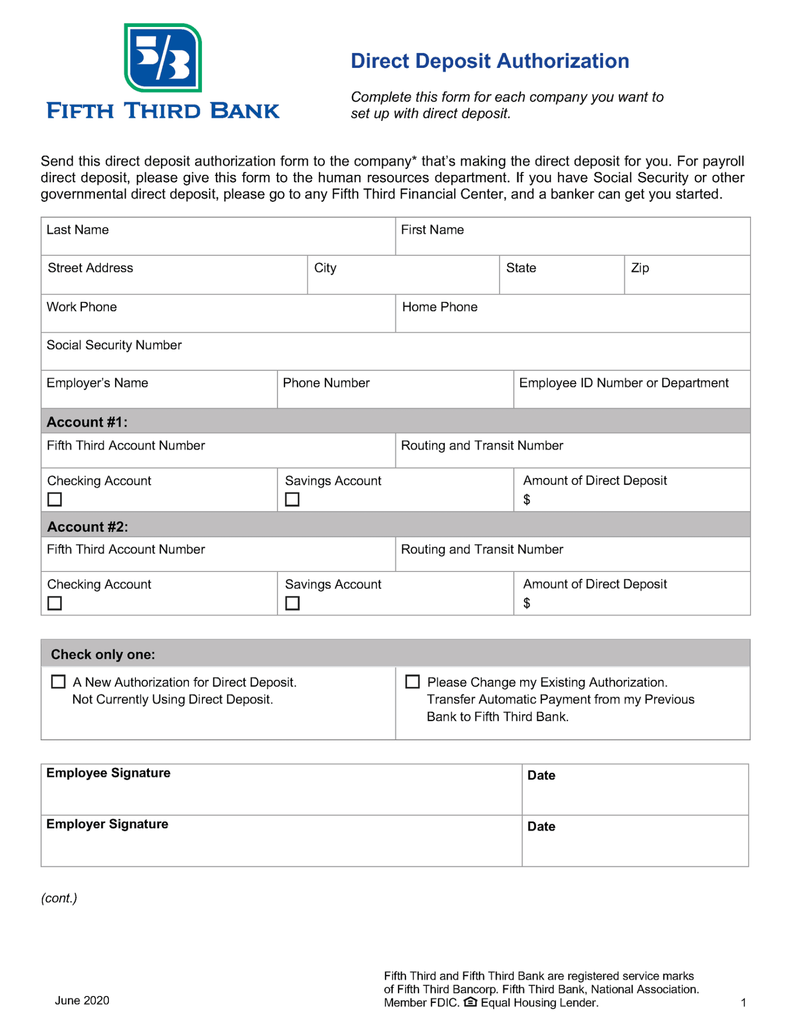 Free Fifth Third Bank Direct Deposit Authorization Form | PDF