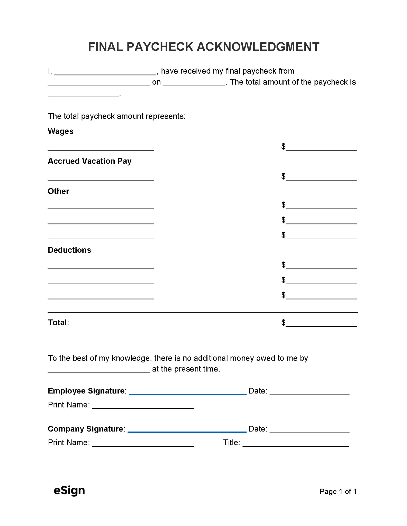 Free Final Paycheck Acknowledgment Form | PDF | Word
