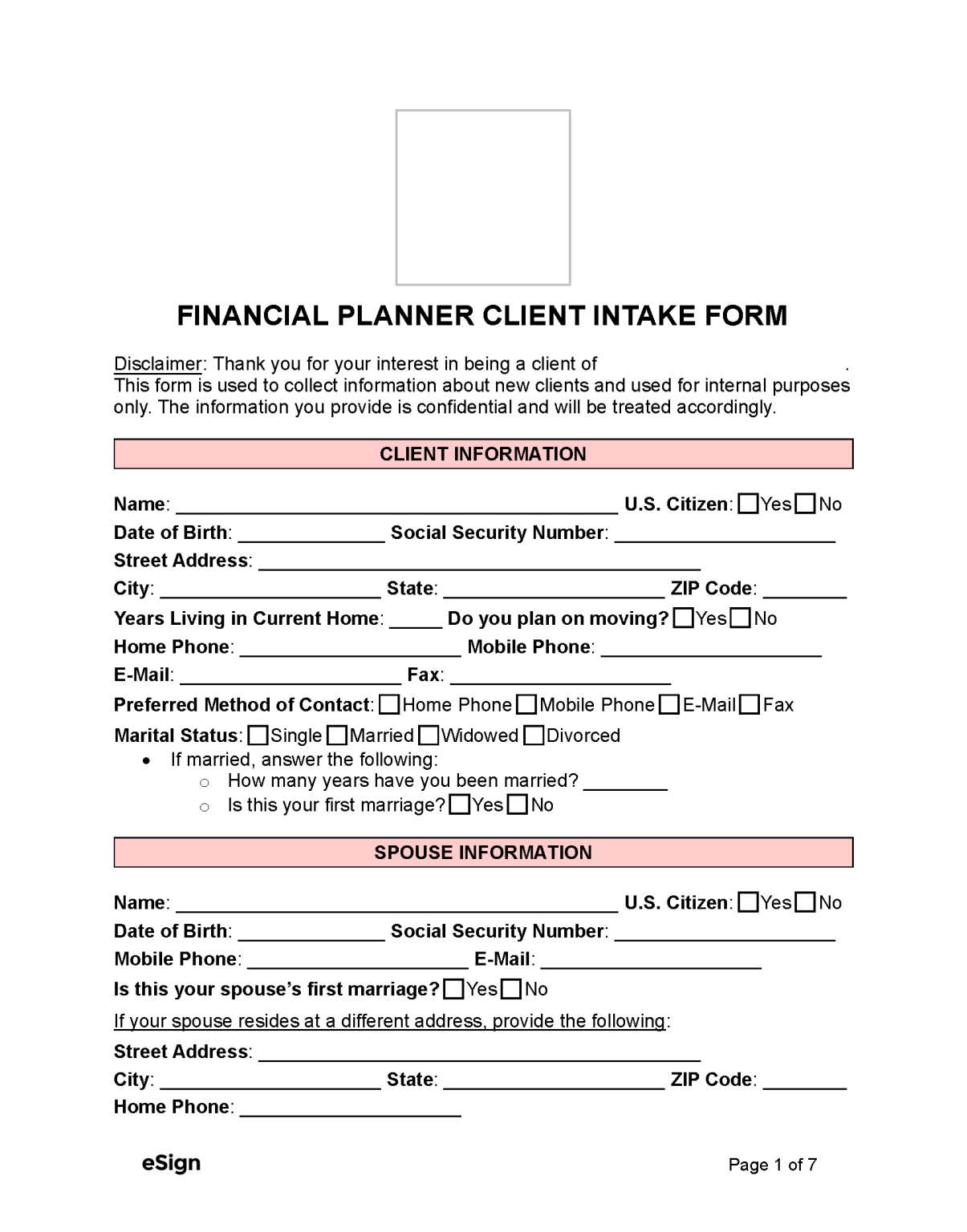 Free Financial Planner Client Intake Form | PDF | Word