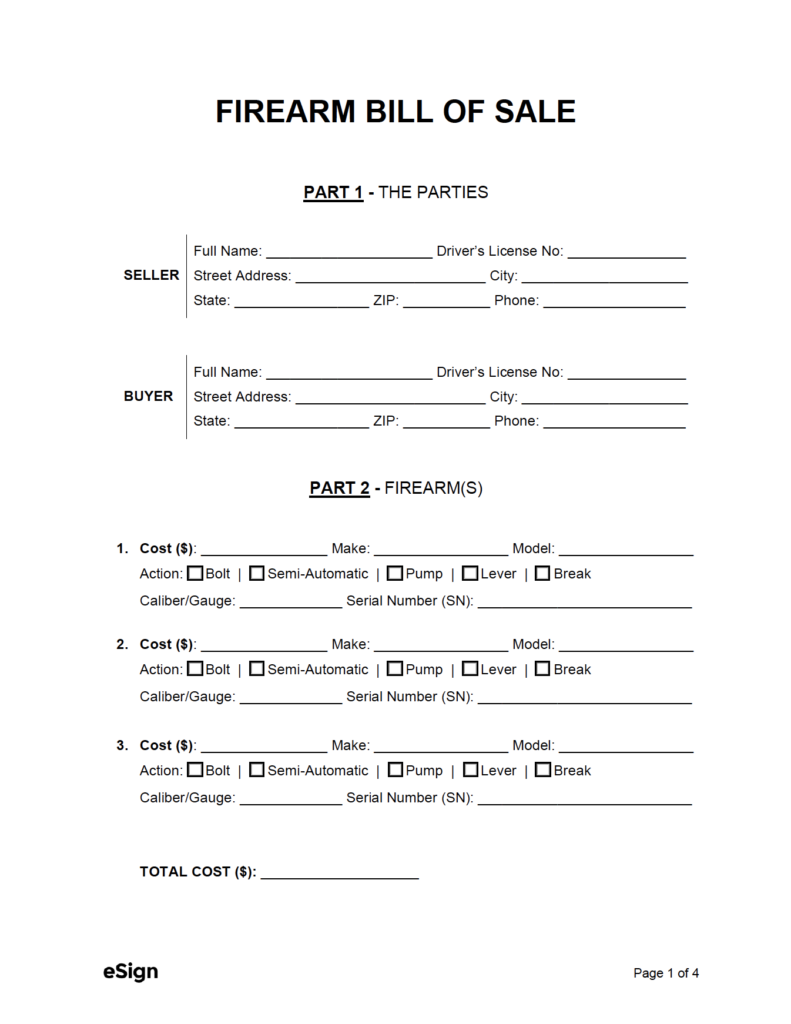 Free Firearm / Gun Bill of Sale Form | PDF | Word