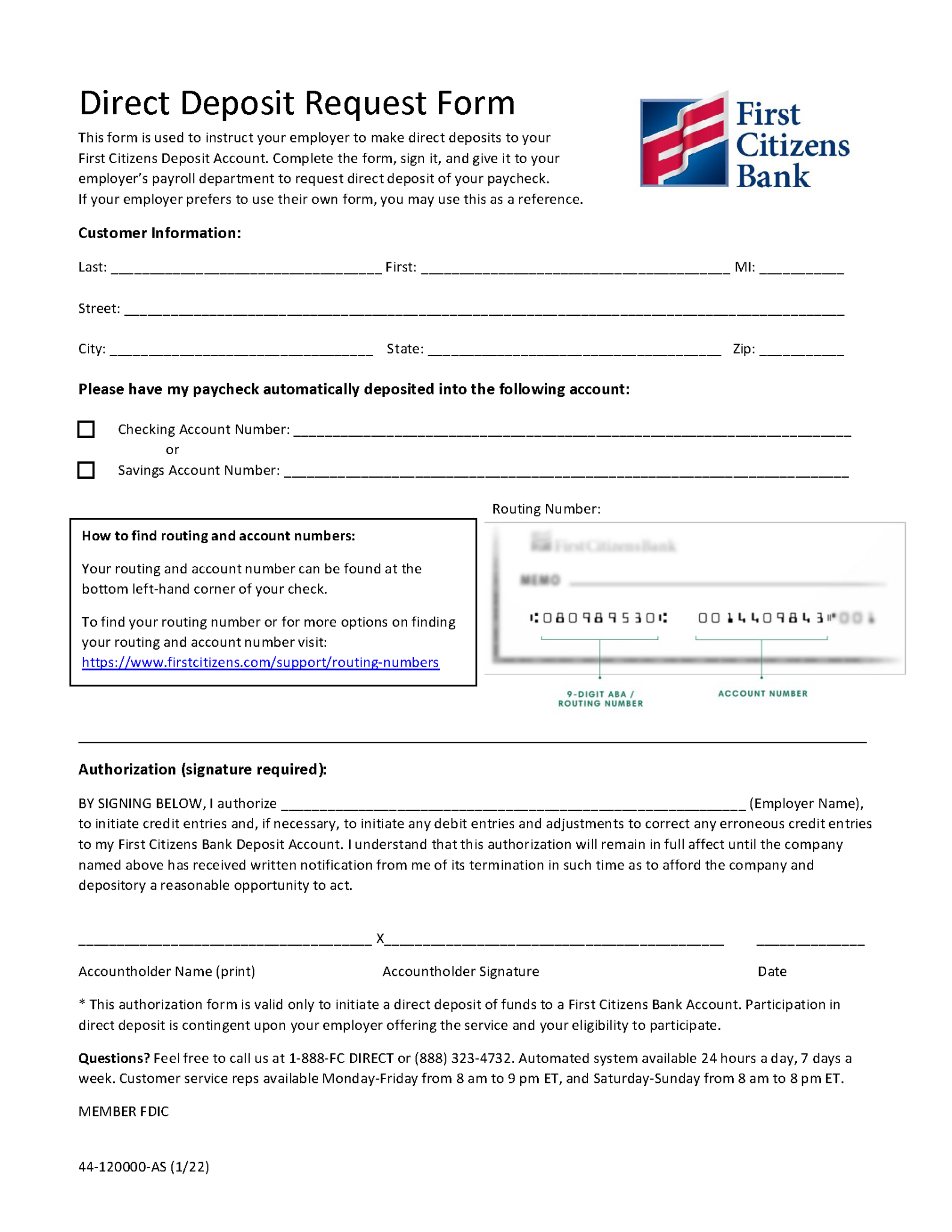 Free First Citizens Bank Direct Deposit Form | PDF