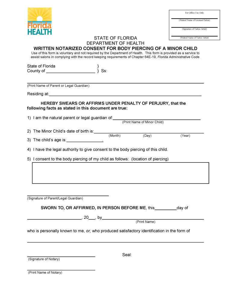 Free Minor Piercing Consent Form | PDF | Word