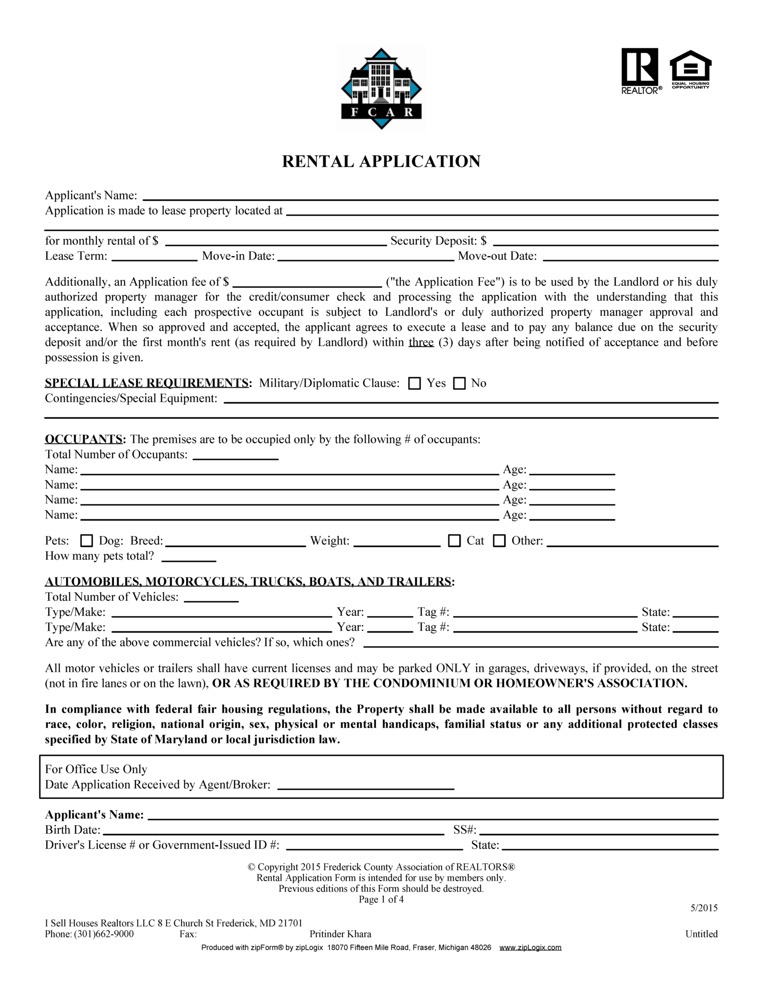 Free Maryland Rental Application Form | PDF | Word