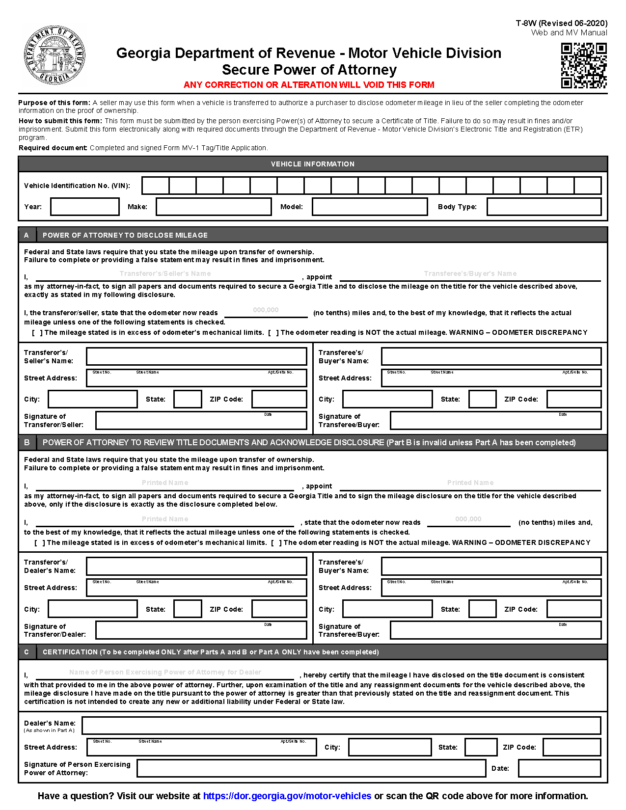 Free Georgia Motor Vehicle Power of Attorney (Form T-8) | PDF