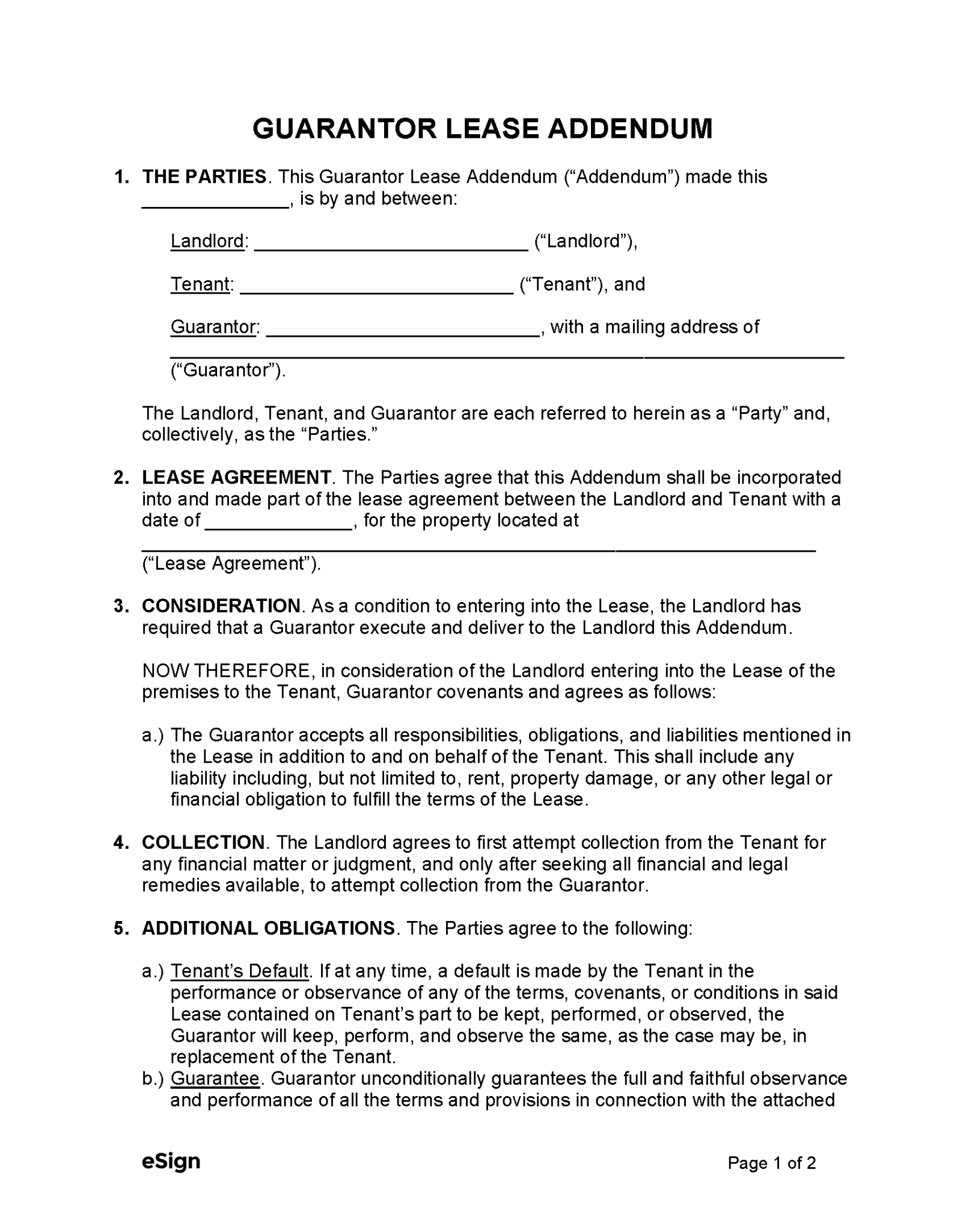Free Guarantor (Co-Signer) Lease Addendum Template | PDF | Word