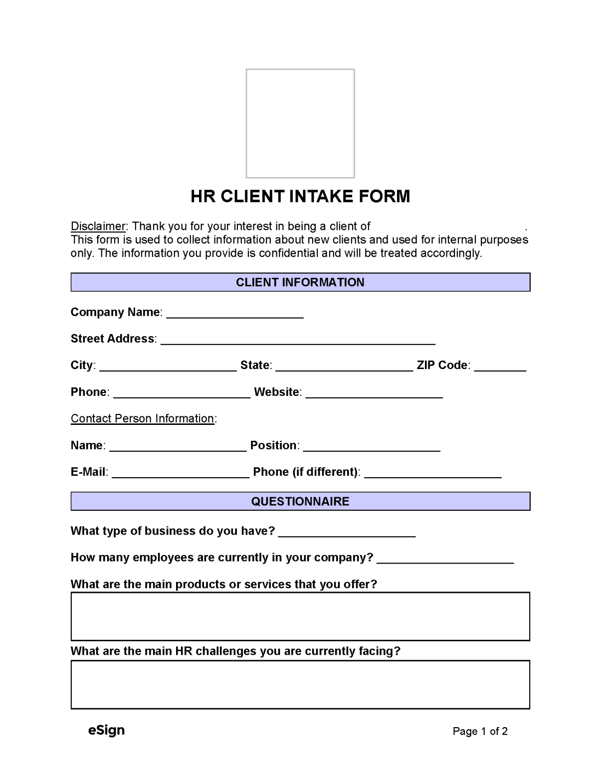 Free HR Client Intake Form | PDF | Word