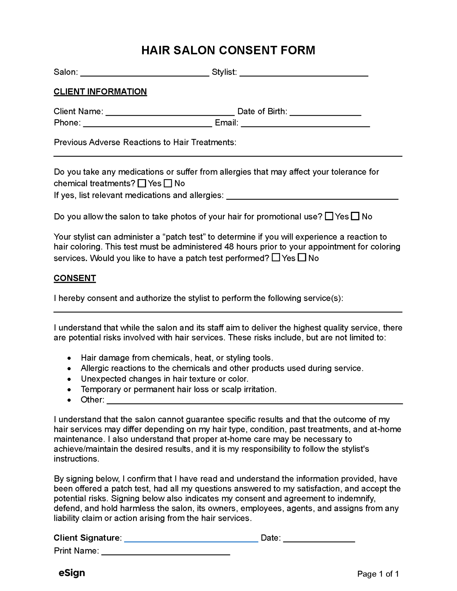 Free Hair Salon Consent Form | PDF | Word