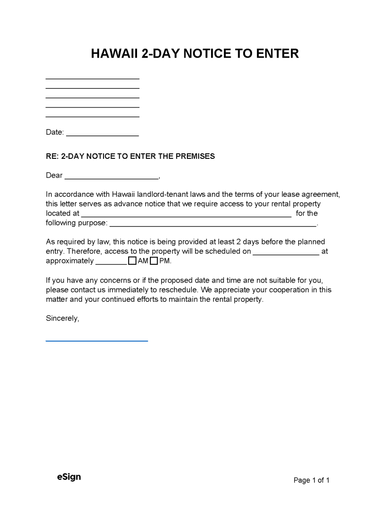 Free Hawaii Landlord Notice to Enter | 2-Day | PDF | Word