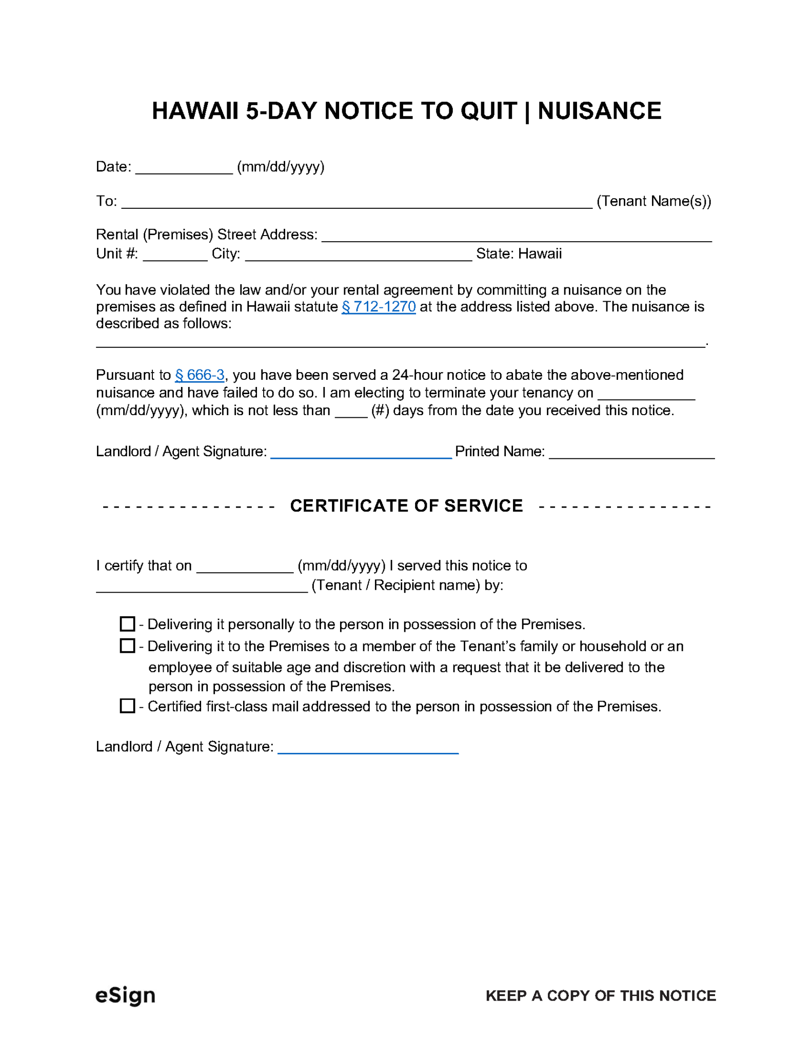 Free Hawaii 24-Hour Notice to Cure | Nuisance | PDF | Word