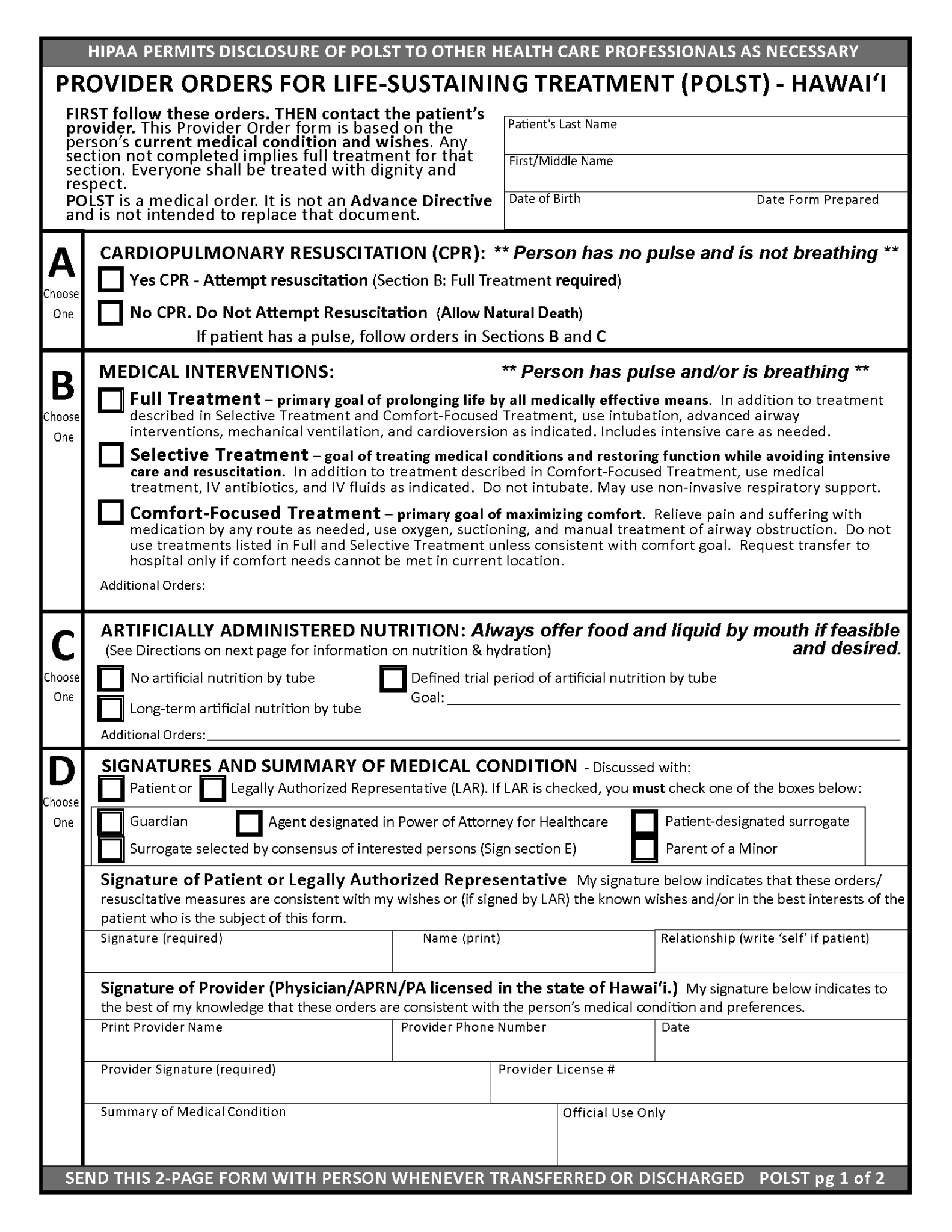Free Hawaii Do Not Resuscitate (DNR) Form | PDF