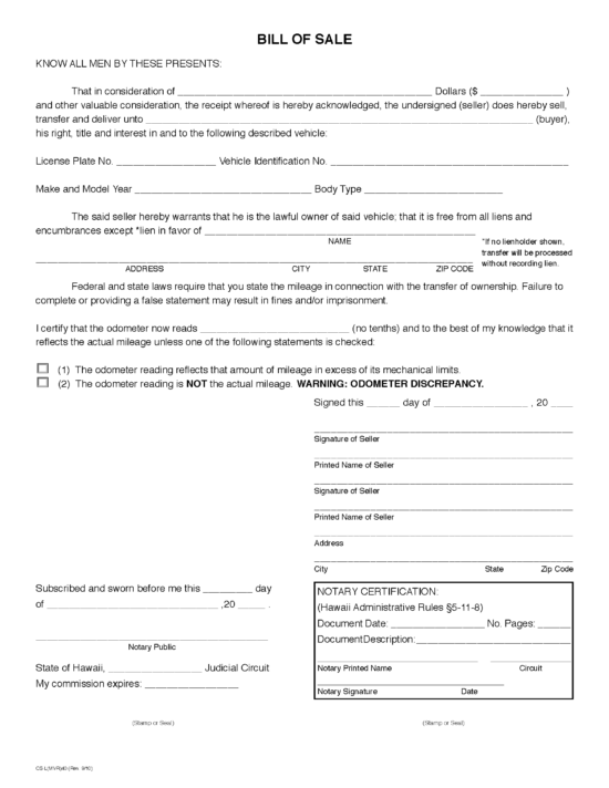 Free Hawaii Motor Vehicle Bill of Sale Form | PDF