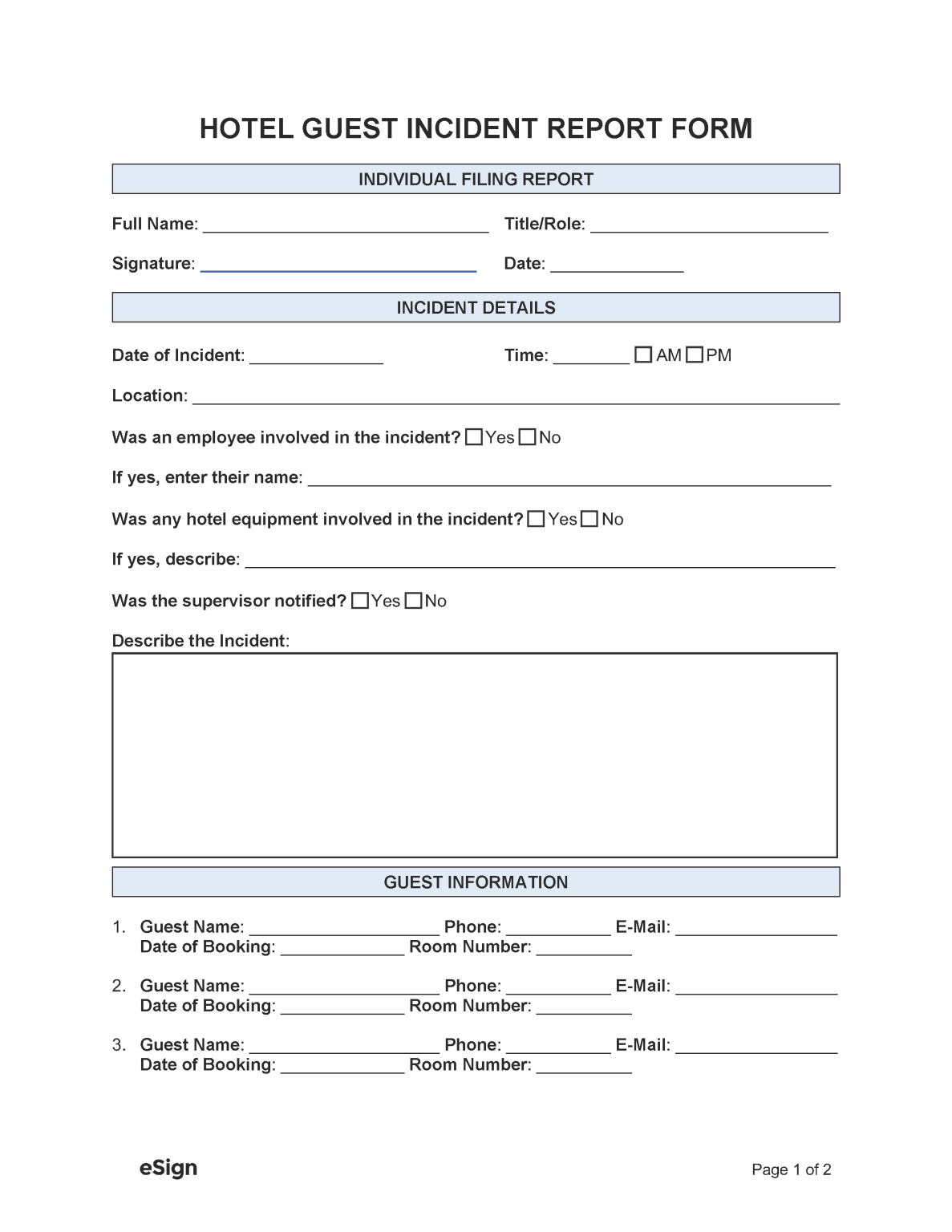Free Hotel Guest Incident Report Template | PDF | Word