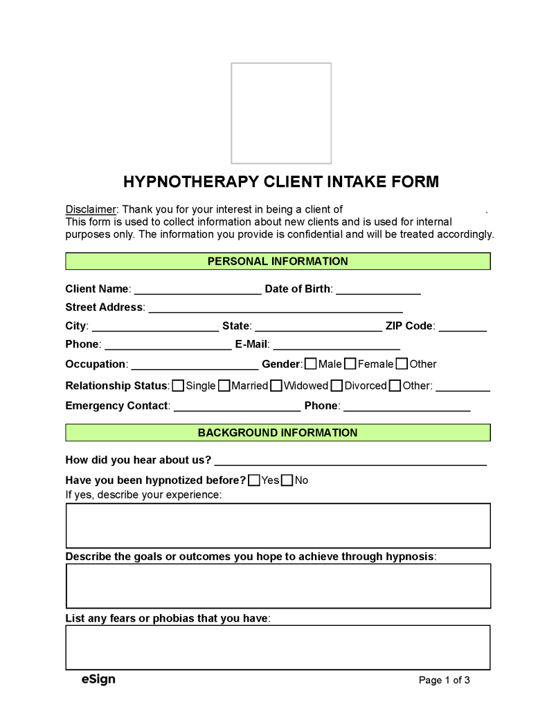 Free Hypnotherapy Client Intake Form | PDF | Word