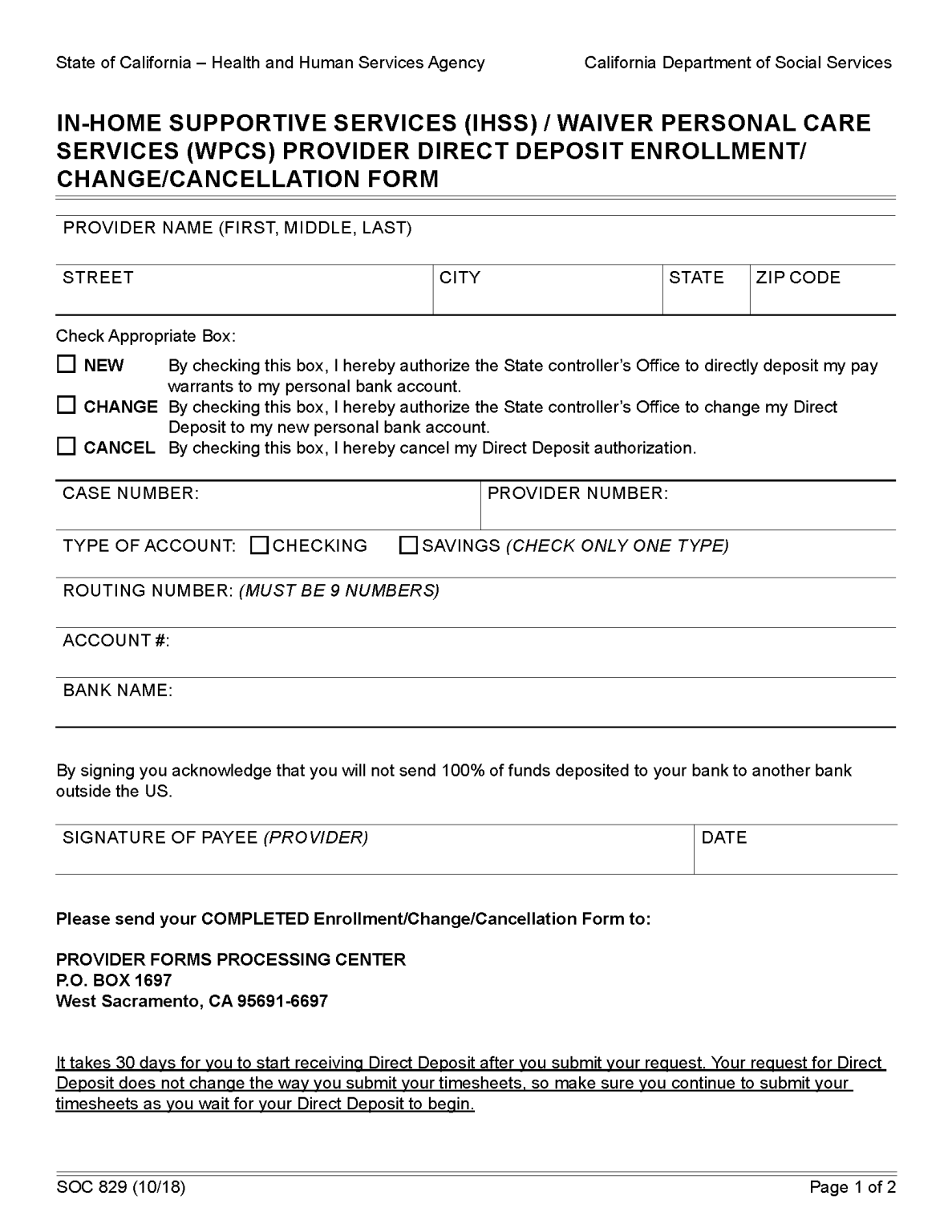 Free IHSS Direct Deposit Authorization Form (SOC 829) | PDF