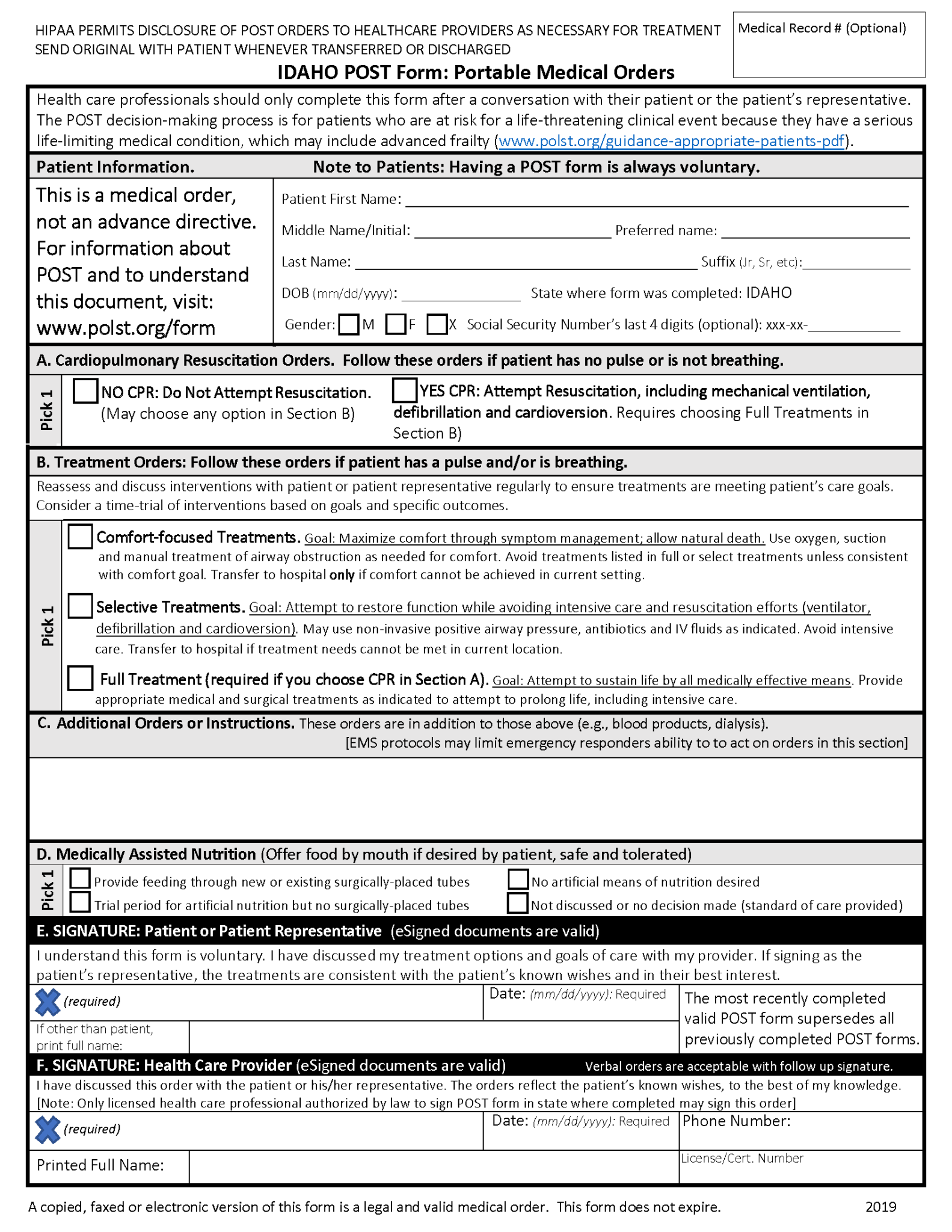Free Idaho Do Not Resuscitate (DNR) Form | PDF