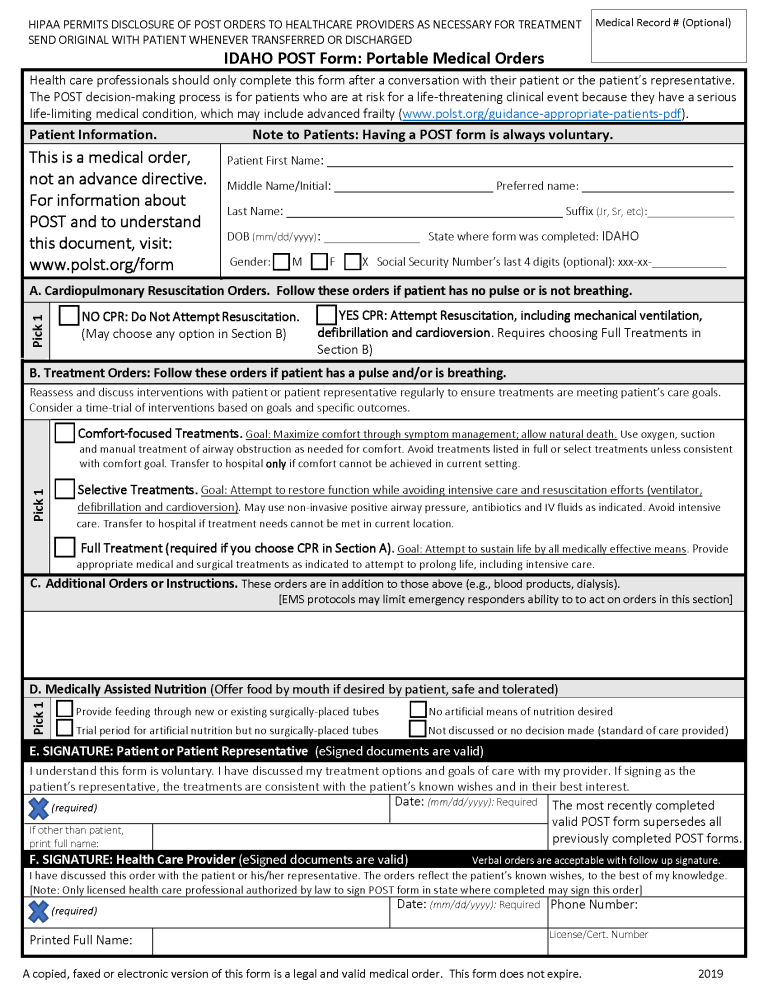 Free Idaho Do Not Resuscitate (DNR) Form | PDF