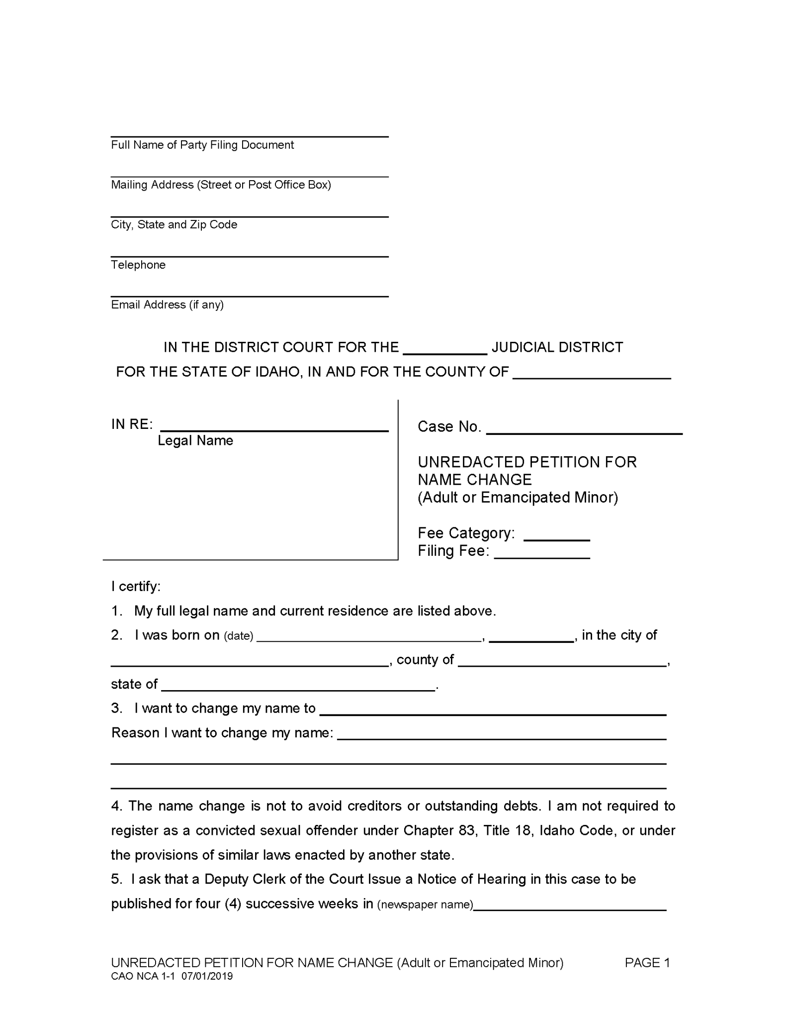 Free Idaho Petition for Name Change | PDF
