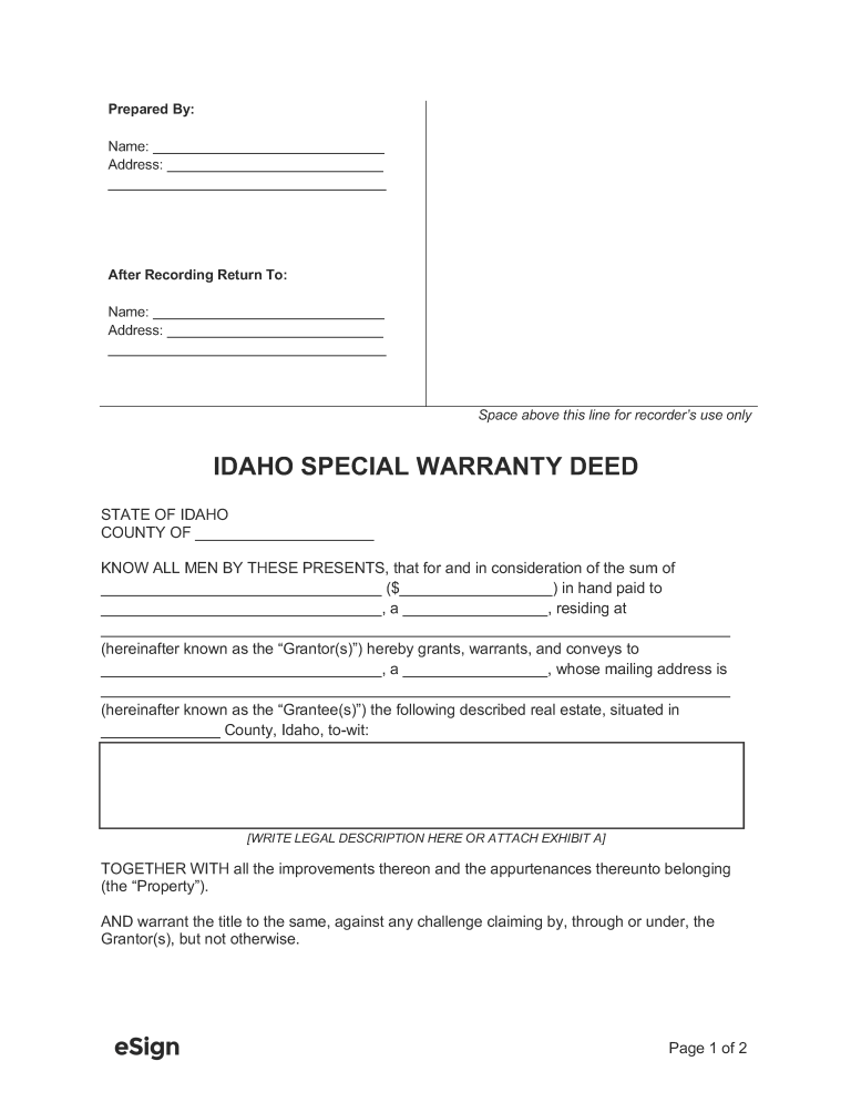 Free Idaho Special Warranty Deed Form | PDF | Word