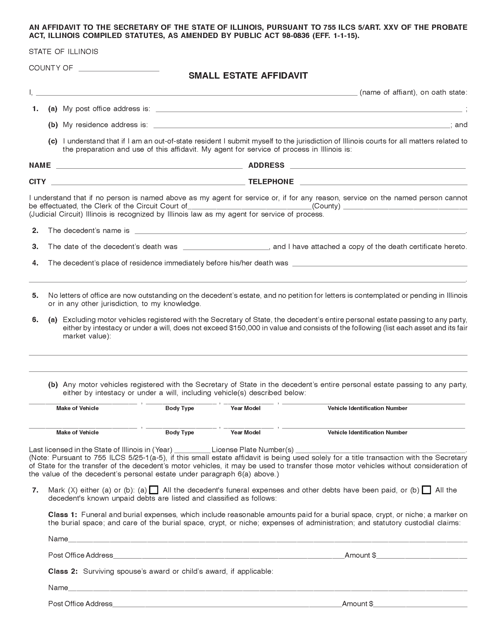 Free Illinois Small Estate Affidavit Form | PDF