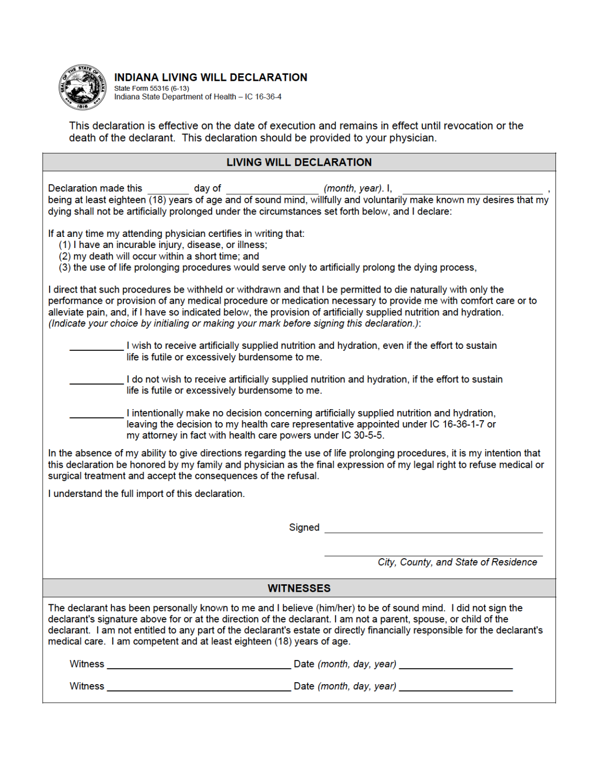 Free Indiana Advance Directive Form | PDF
