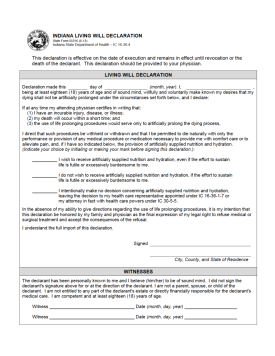 Free Indiana Do Not Resuscitate (DNR) Form | PDF