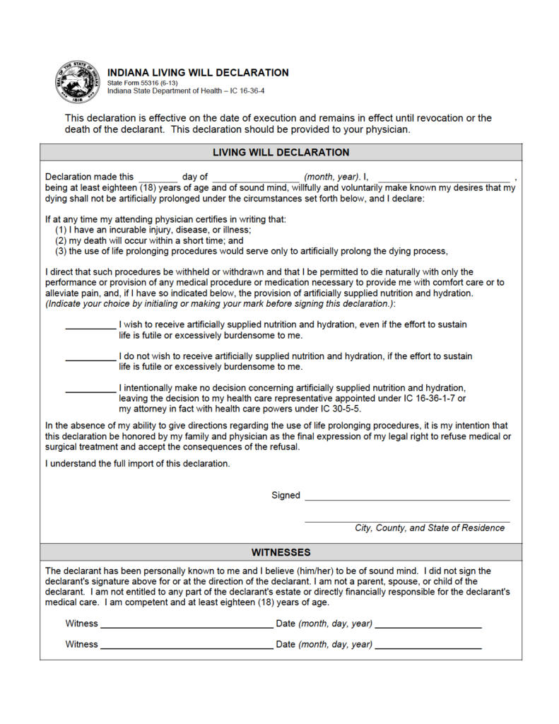 Free Indiana Advance Directive Form | PDF