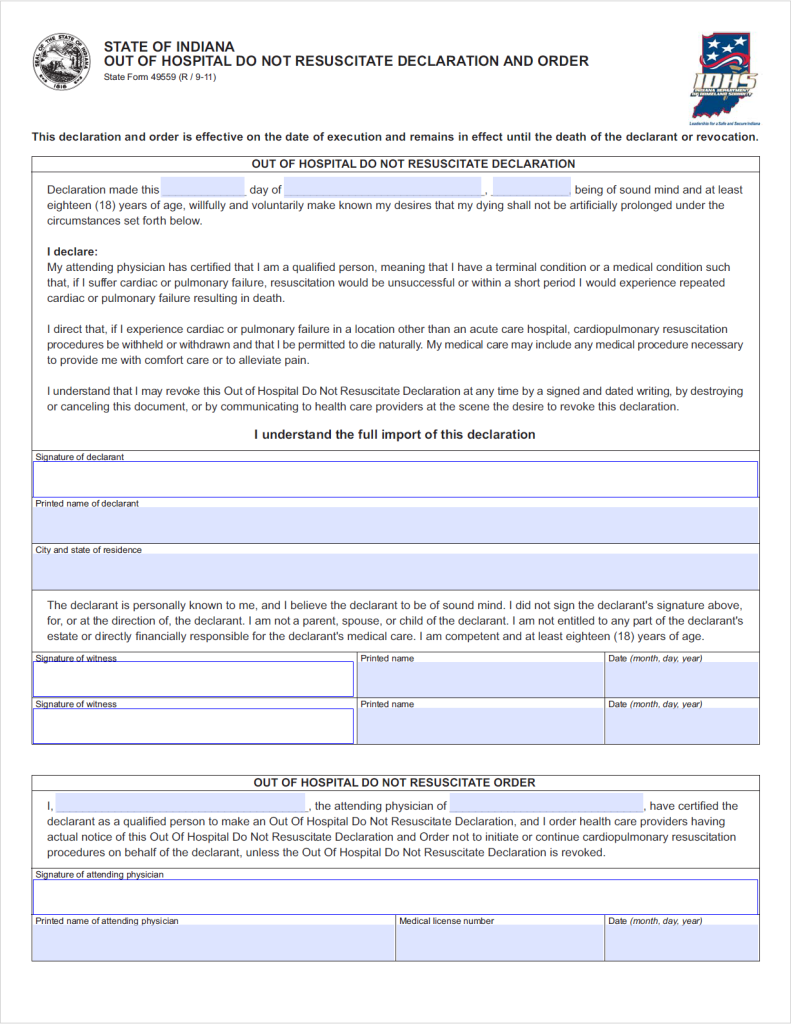 Free Indiana Do Not Resuscitate (DNR) Form | PDF