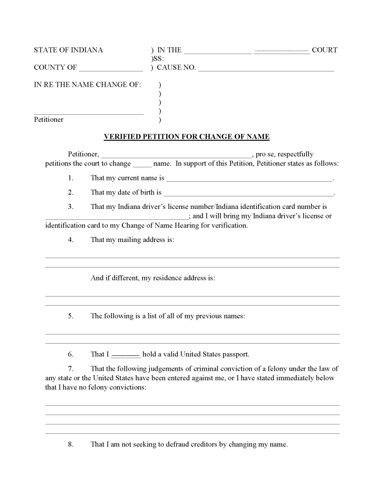 Free Indiana Petition for Change of Name | PDF
