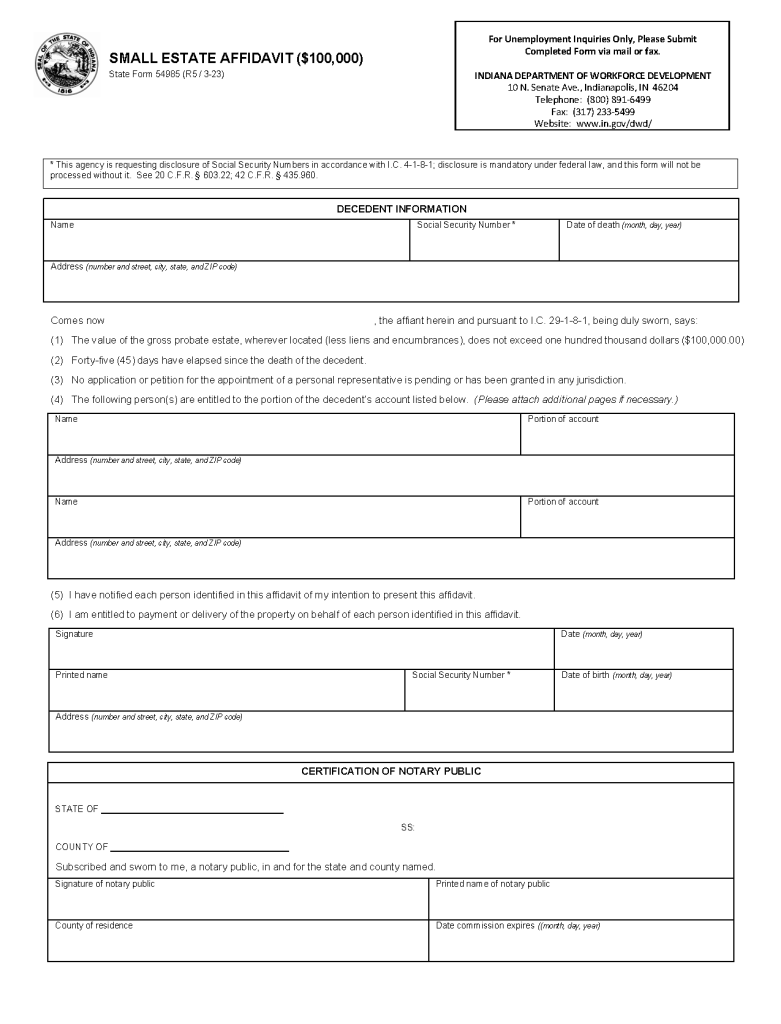 Free Indiana Small Estate Affidavit Form | PDF