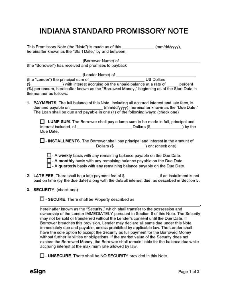 Free Indiana Promissory Note Template | PDF | Word