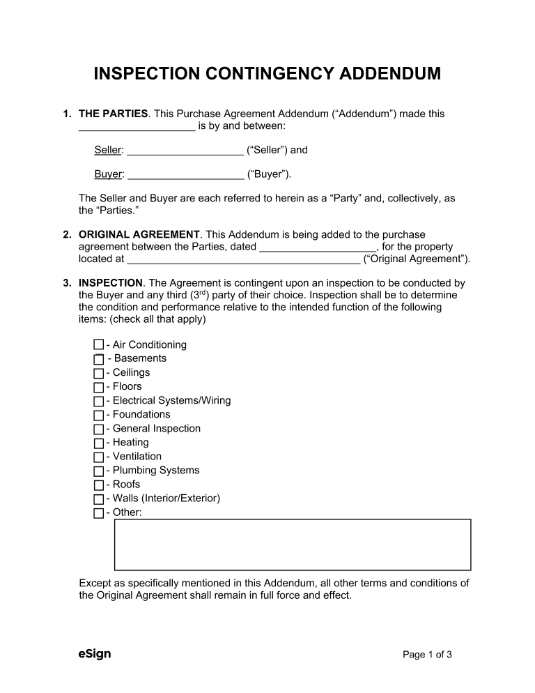 Free Inspection Contingency Addendum | PDF | Word