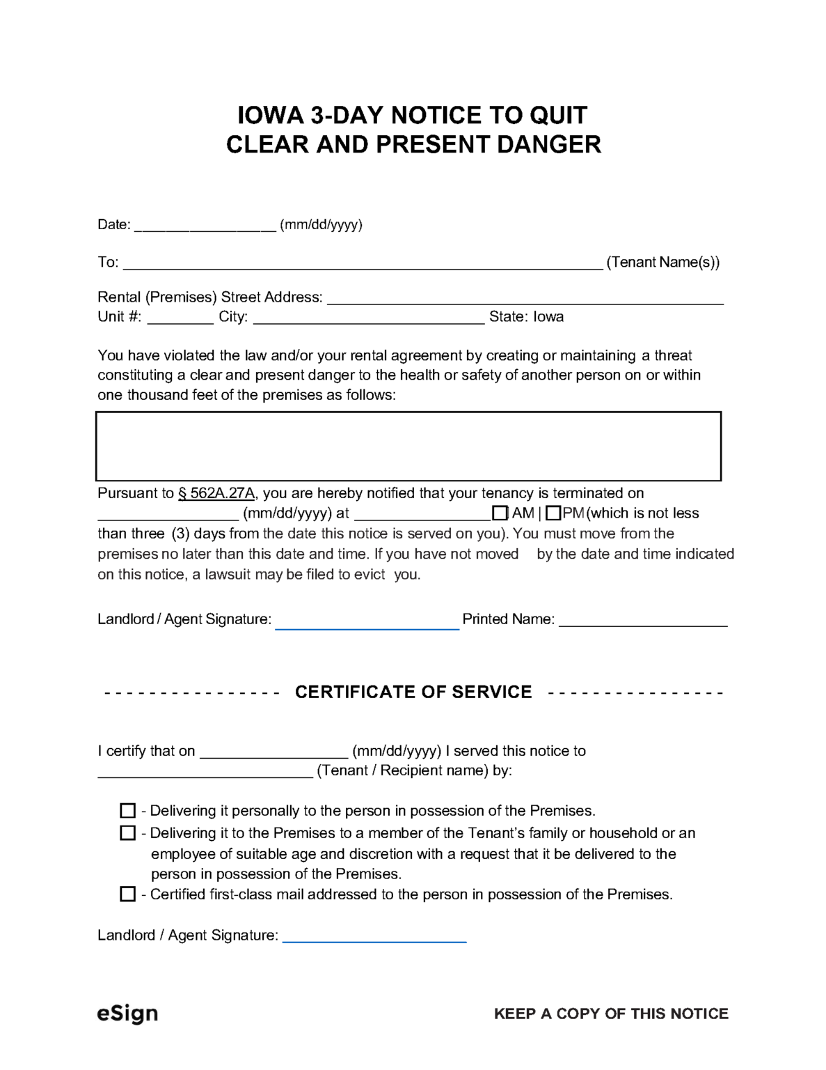 Free Iowa 3-Day Notice to Quit | Clear and Present Danger | PDF | Word